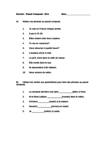 French Grammar Perfect Tense Etre | Teaching Resources