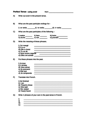 French Grammar Perfect Tense Regular and Irregular verbs - avoir ...