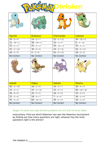 Pokemon division 2s, 5s and 10s times table worksheet. | Teaching Resources