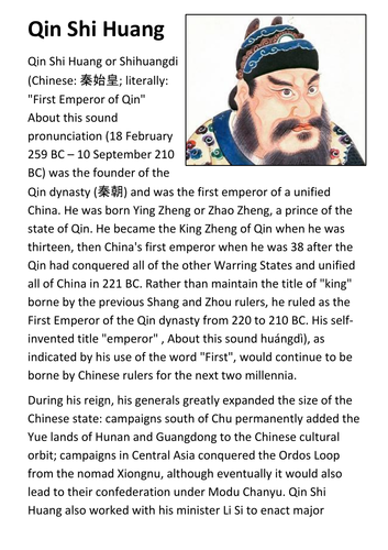 Qin Shi Huang Handout | Teaching Resources