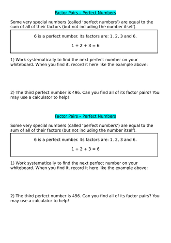 Factors - Find a Perfect Number | Teaching Resources