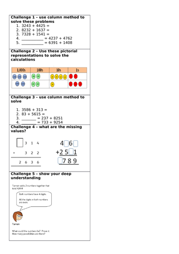Y4 worksheet column addition - challenge strip | Teaching Resources