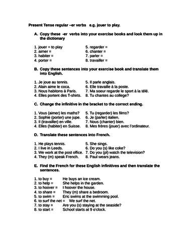 French Grammar Present Tense Regular -er verbs | Teaching Resources