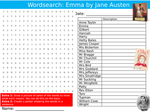 Emma by Jane Austen Wordsearch Puzzle Sheet Keywords Settler Starter ...