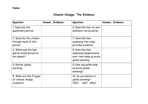 Climate change research questions worksheet | Teaching Resources