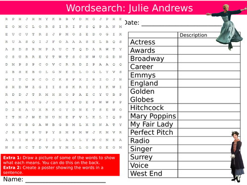 Julie Andrews Wordsearch Puzzle Sheet Keywords Settler Starter Cover ...