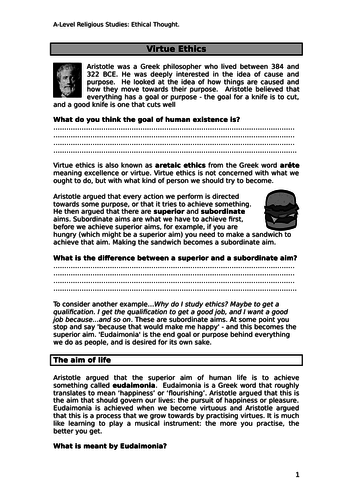 A-Level Virtue Ethics Revision Notes Worksheet | Teaching Resources