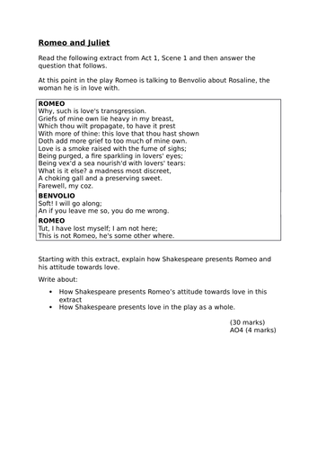 Romeo and Juliet Extract Questions - Love | Teaching Resources
