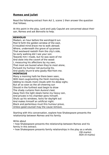 Romeo and Juliet Extract Questions - Family | Teaching Resources