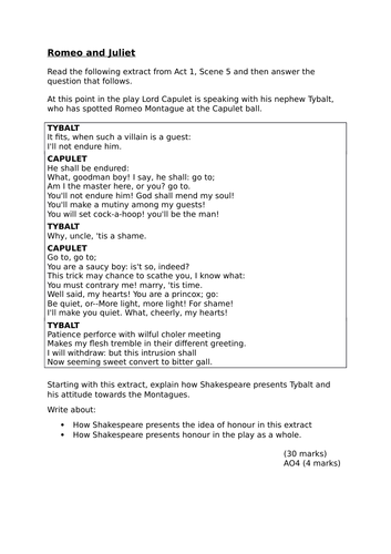 Romeo and Juliet Extract Questions - Honour | Teaching Resources
