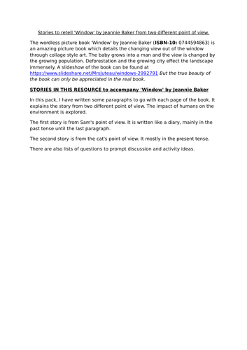 Stories based on 'Window' by Jeannie Baker from two different point of ...