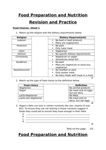 Food Choices Worksheet