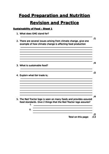 Sustainability of Food Revision Worksheet FPN AQA | Teaching Resources
