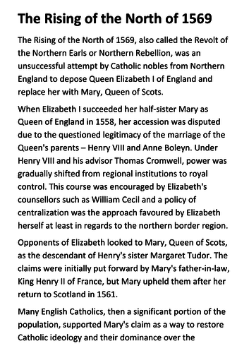 The Rising of the North of 1569 Handout | Teaching Resources