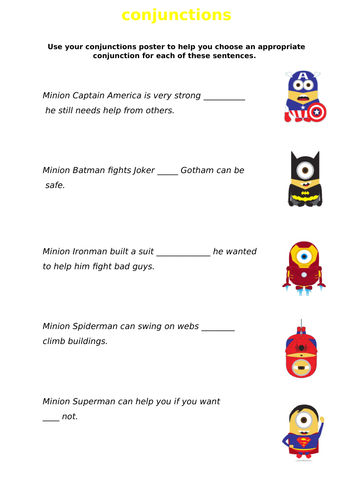 Superhero Minion Conjunction Worksheet | Teaching Resources