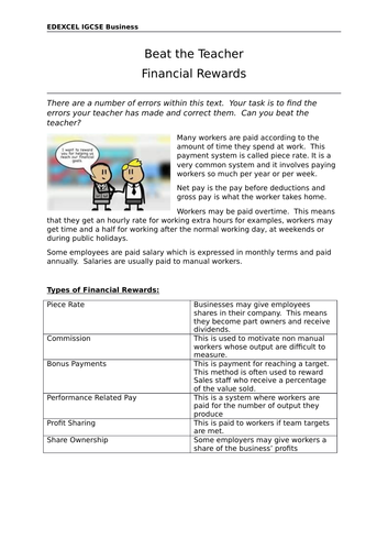 Financial rewards beat the teacher stater | Teaching Resources