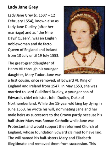 Lady Jane Grey Handout | Teaching Resources