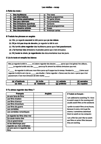 French free time, TV & films: vocabulary revision media, free time with ...