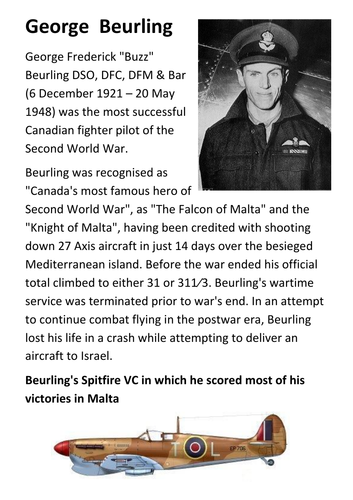 George Beurling Canadian World War Two Fighter Ace Handout | Teaching ...