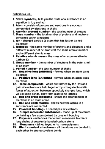 Edexcel 9-1 CHEMISTRY COMBINED DEFINITION LIST | Teaching Resources