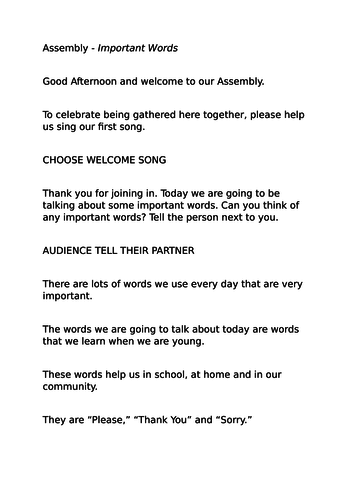 Important Words Assembly | Teaching Resources