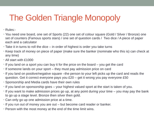 Golden Triangle Monopoly - GCSE PE | Teaching Resources