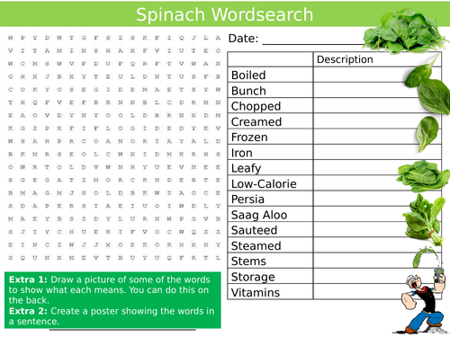 Spinach Wordsearch Puzzle Sheet Keywords Settler Starter Cover Lesson ...