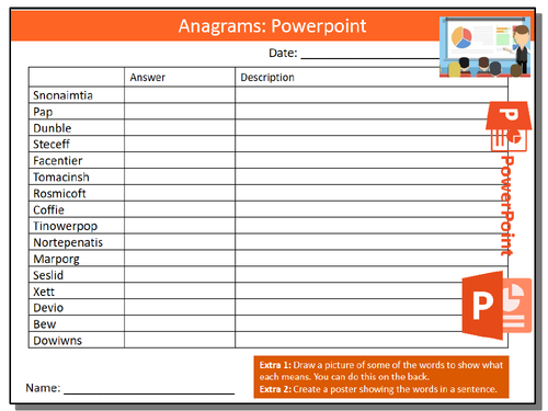 Microsoft Powerpoint Anagrams Puzzle Sheet Ict Computing Starter Activity Keywords Ks3 Gcse