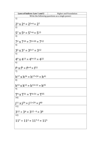 GCSE Maths - Laws of Indices - Bumper Pack of Worksheets for all laws ... GCSE Maths - Laws of Indices - Bumper Pack of Worksheets for all laws ...