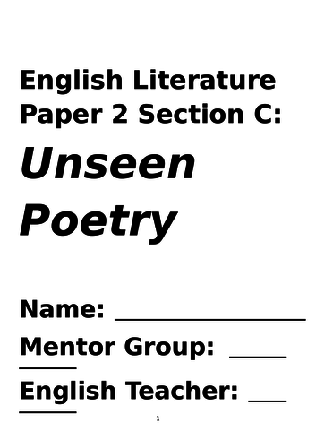 Year 10 and Year 11 Unseen Poetry AQA 8702 Paper 2 Section C | Teaching ...