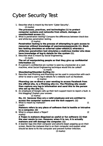 Cyber Security Test for AQA 8520 GCSE Computer Science | Teaching Resources Cyber Security Test for AQA 8520 GCSE Computer Science | Teaching Resources