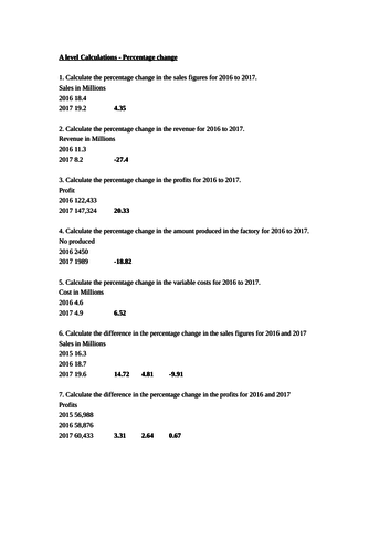 Edexcel AS Business 10 practice percentage change questions | Teaching ...