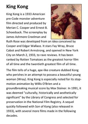 King Kong Handout | Teaching Resources