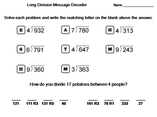 Fourth Grade Long Division with Remainders Activity: Math Message ...