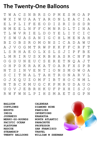 The Twenty-One Balloons Word Search | Teaching Resources
