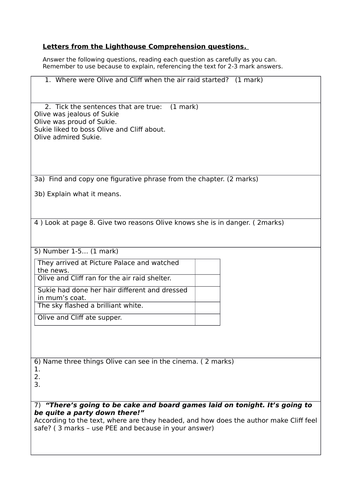 Letters From The Lighthouse Comprehension Chapter 1 | Teaching Resources