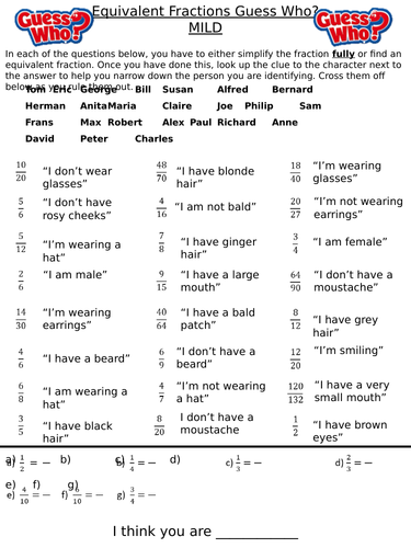 Equivalent Fractions Guess Who differentiated with answers | Teaching ...