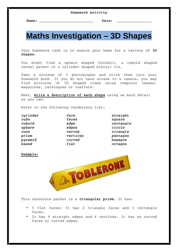 3D Shape Homework Investigation! | Teaching Resources