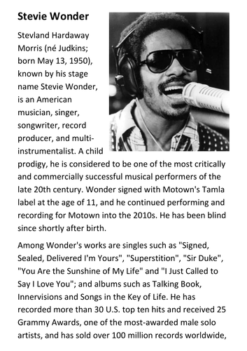 Stevie Wonder Handout | Teaching Resources
