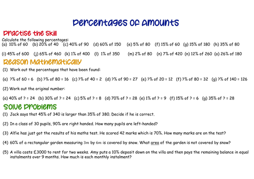 Percentages of amounts (differentiated) | Teaching Resources