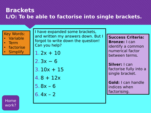 Factorising Single Brackets | Teaching Resources Factorising Single Brackets | Teaching Resources