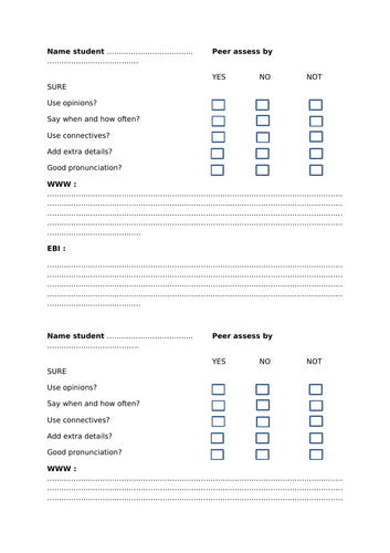 Peer / Self Assessment speaking | Teaching Resources