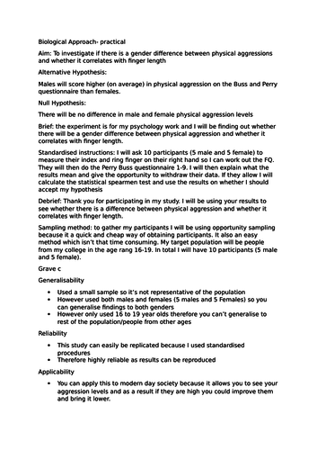 As psychology Biological Practical example ( A grade) | Teaching Resources