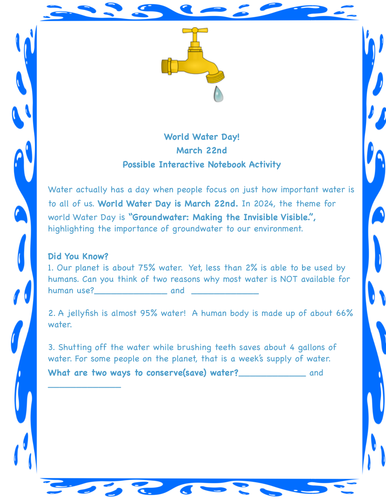 WORLD WATER DAY!(INTERACTIVE NOTEBOOK ACTIVITY) FREE | Teaching Resources