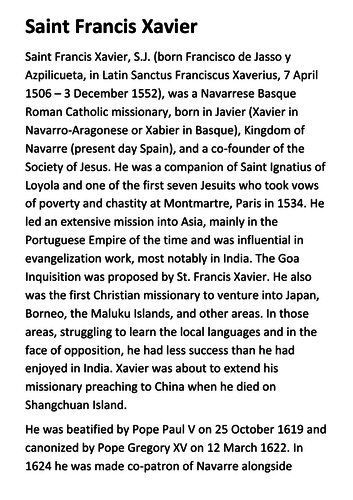Saint Francis Xavier Handout | Teaching Resources
