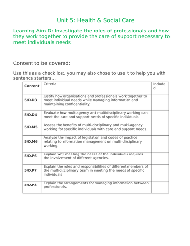 BTEC Level 3: Health & Social Unit 5 LA-D | Teaching Resources BTEC Level 3: Health & Social Unit 5 LA-D | Teaching Resources