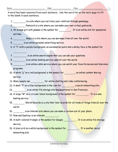 Internet Sites-Terms-Activities Missing One Word Worksheet | Teaching ...