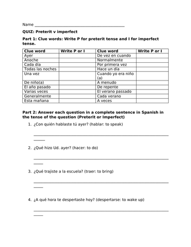 Quiz preterit imperfect (Spanish) | Teaching Resources