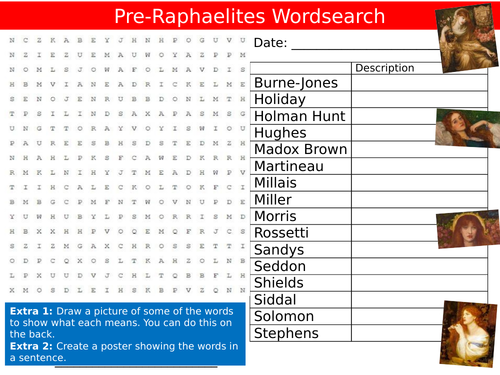 Pre Raphaelites Wordsearch Sheet Art Starter Activity Keywords KS3 GCSE ...