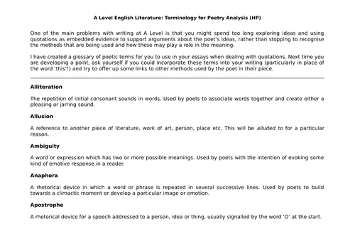 Helpful Glossary of Poetry Terminology (A Level / GCSE) | Teaching ... Helpful Glossary of Poetry Terminology (A Level / GCSE) | Teaching ...